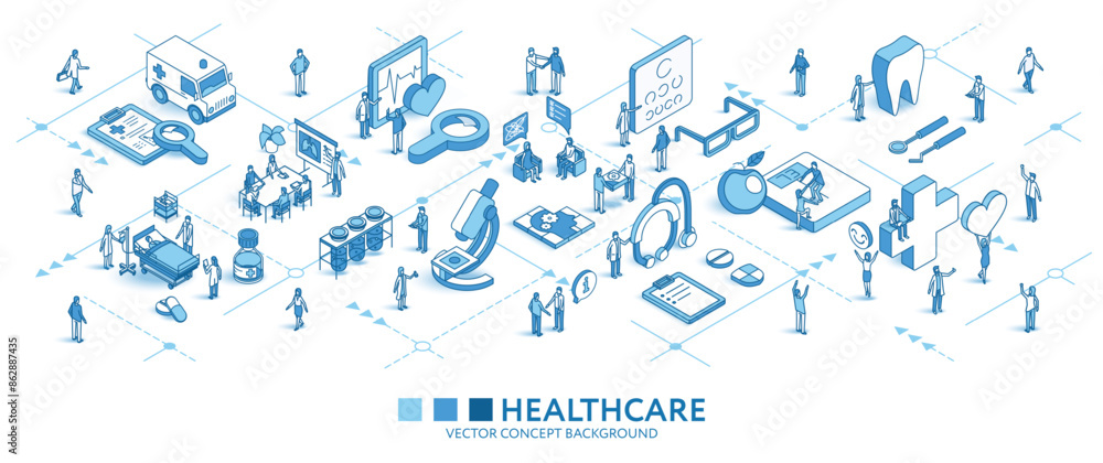 Healthcare clinic isometric seamless pattern. Doctor line 3d icon ...
