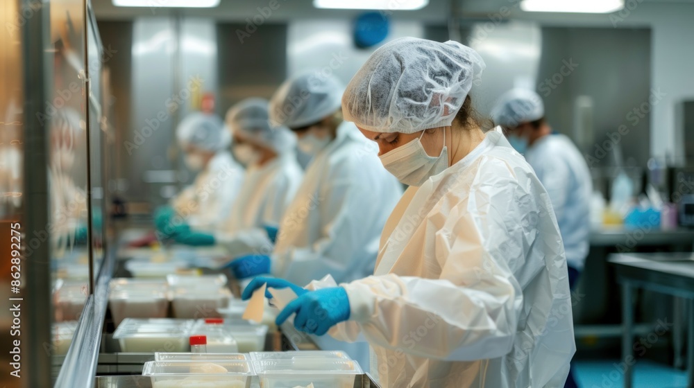 Workers labeling and packaging food items in a sterile and controlled ...