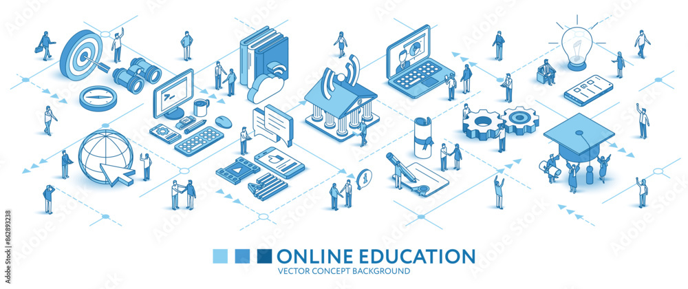 Online education isometric seamless pattern. Line 3d icons, people ...