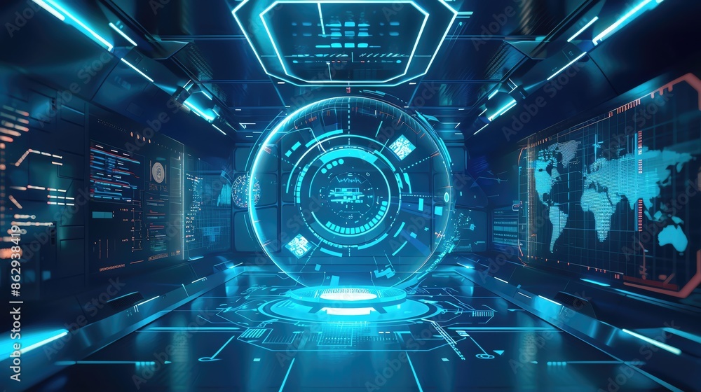 Futuristic digital technology interface with holographic display in a modern control room. High ...