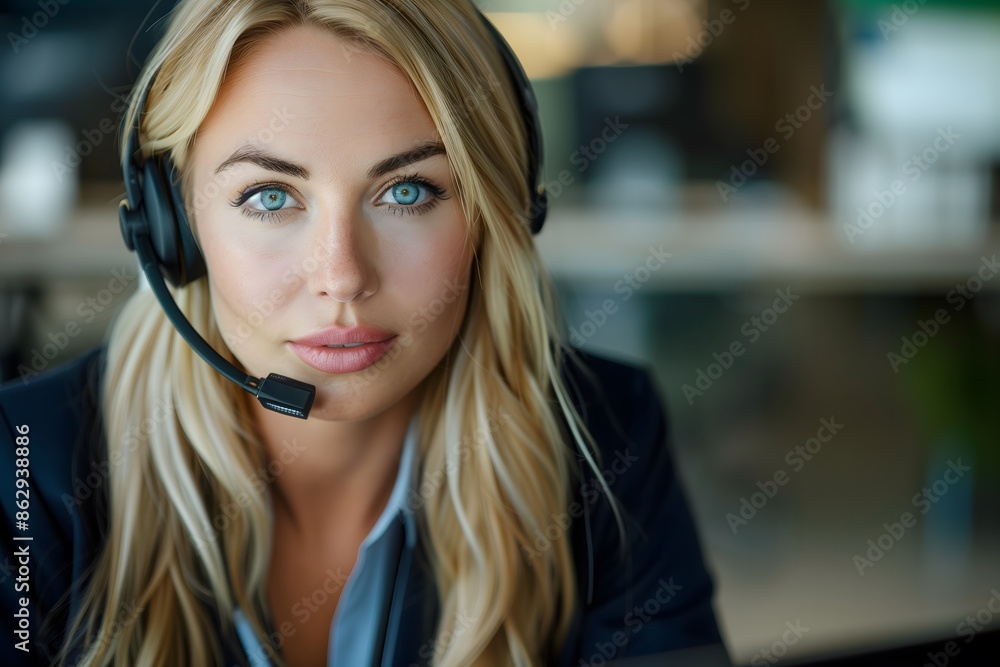 blonde woman blue eyes wearing headphones sitting at office desk ...