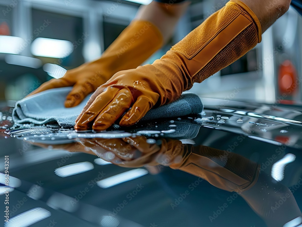 Closeup of hands polishing a car with a cloth, with the car s surface ...