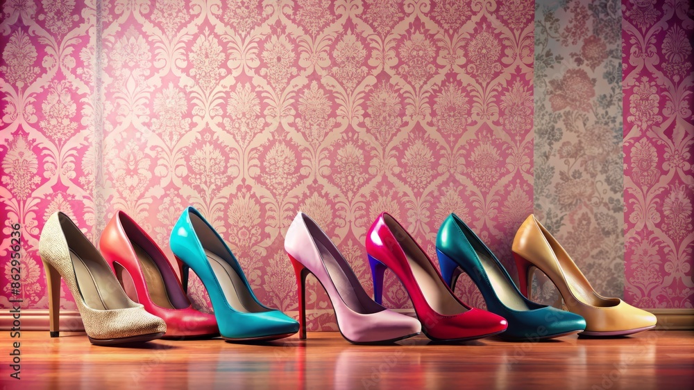 Row of high heel shoes, varying in color and design, stand upright ...