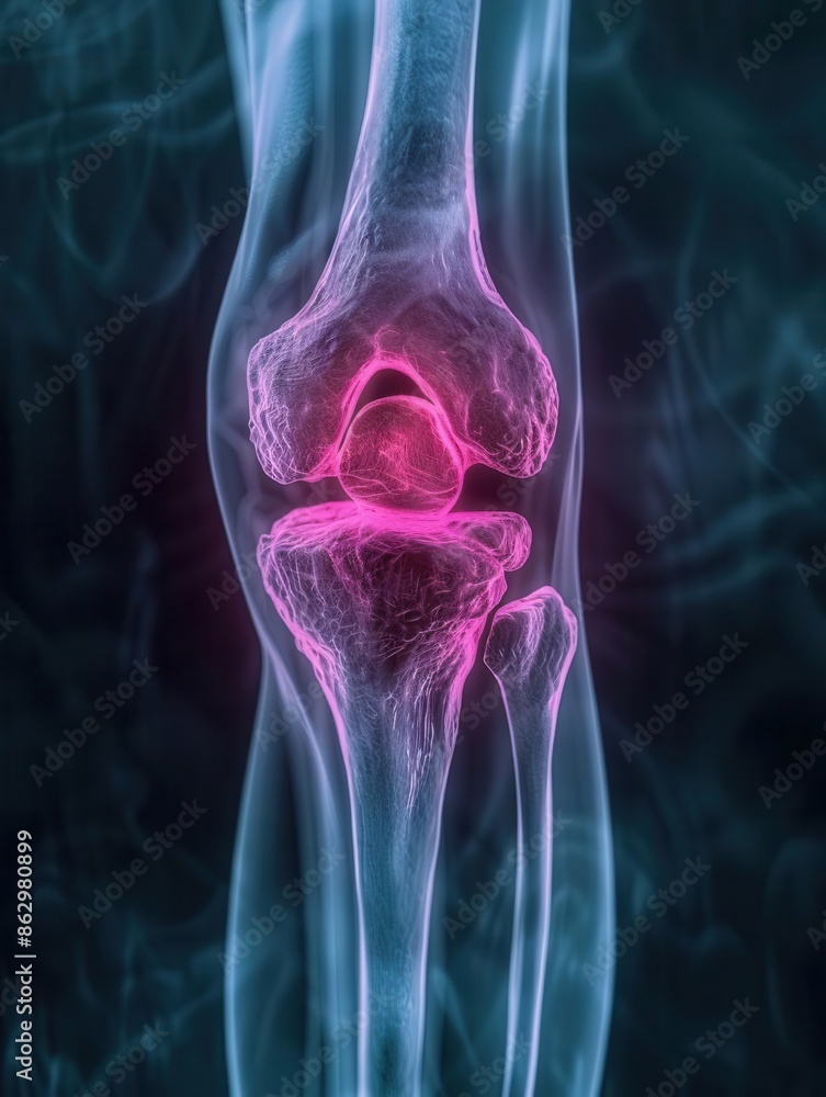 X-ray of knee joint showing inflamed areas in red, X-ray knee ...