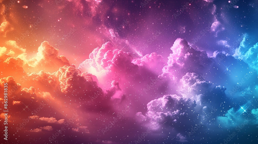 Cheerful starry night sky with rainbow colors fluffy clouds, mystical ...