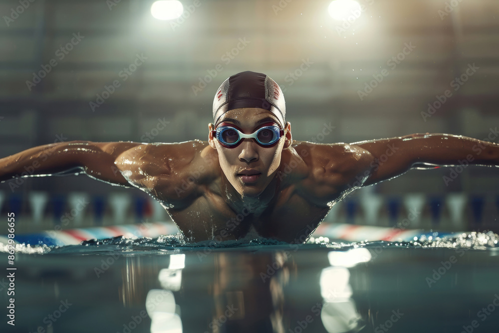 Professional swimmer mid-stroke, backlit in a dimly lit studio ...