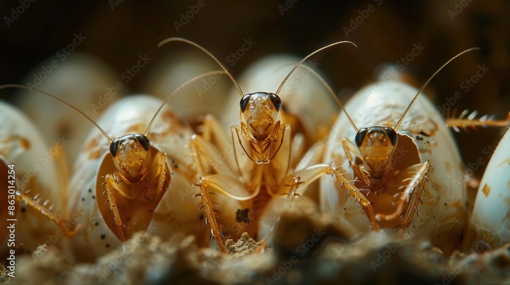 Sequence of a cockroach nymph emerging from an egg, set against a dark ...