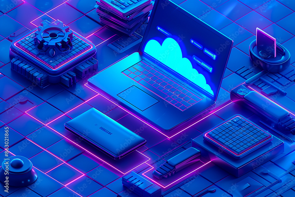 Laptop secure connection with automated communication data. 3D effect ...