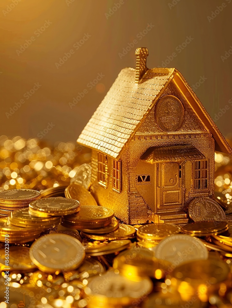 Shiny gold model house standing on a pile of golden coins representing ...