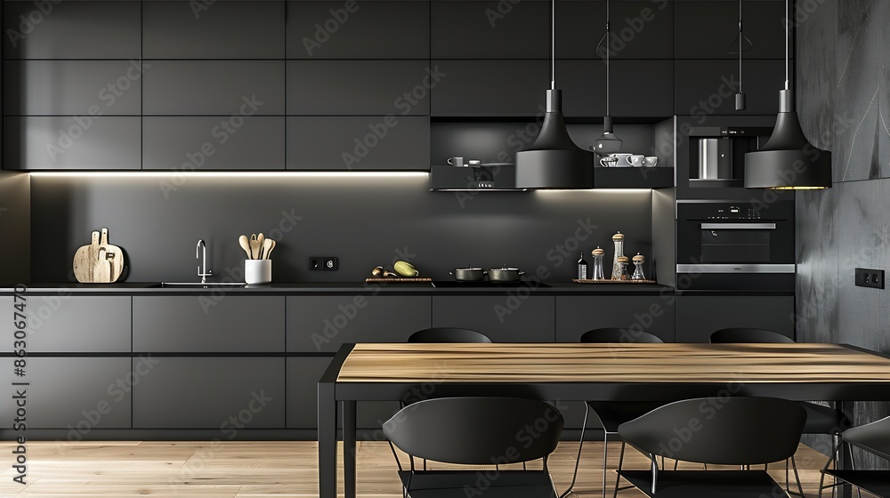 Contemporary kitchen in black and grey colours with built in appliances ...