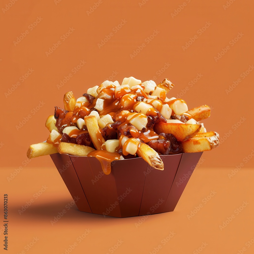 Delicious poutine with fries, cheese curds, and gravy in a brown paper ...