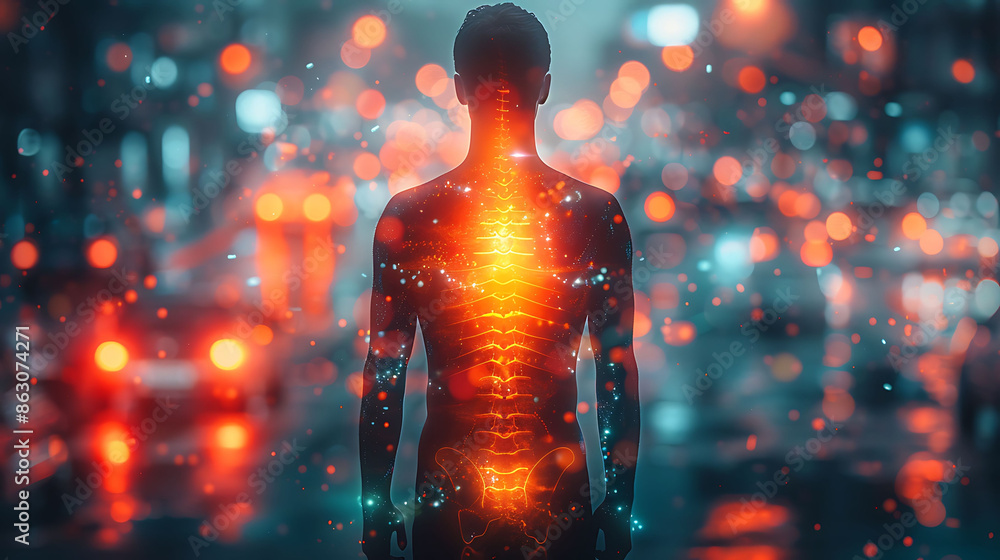 Man lumbar radiculopathy glowing depiction of nerve pain radiating from ...