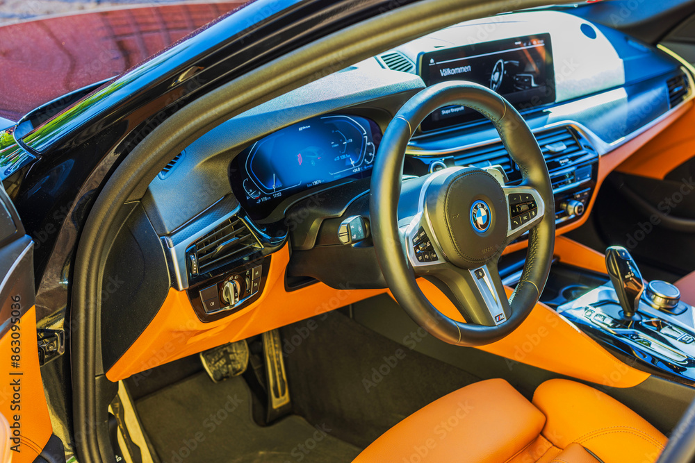Driver's perspective interior view of the new BMW i4 M electric car ...