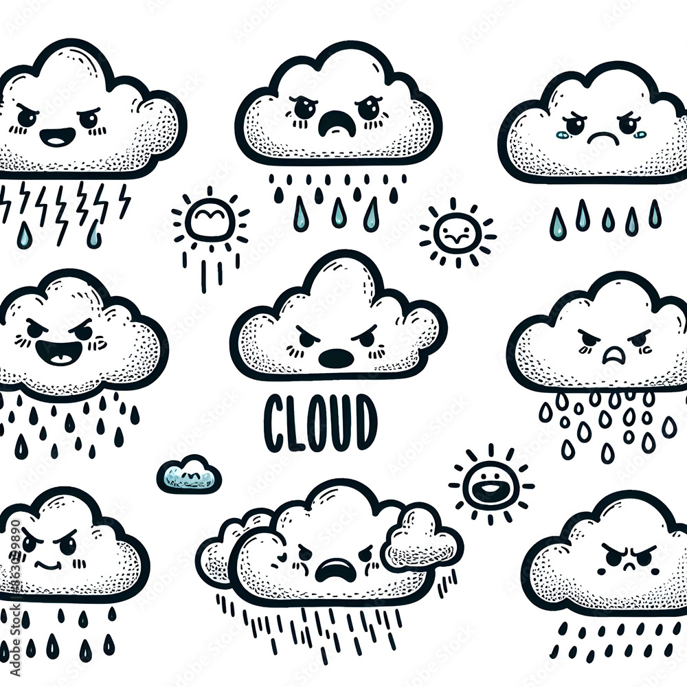 Cute cloud rain weather cartoon set with smiley and angry faces, hand ...