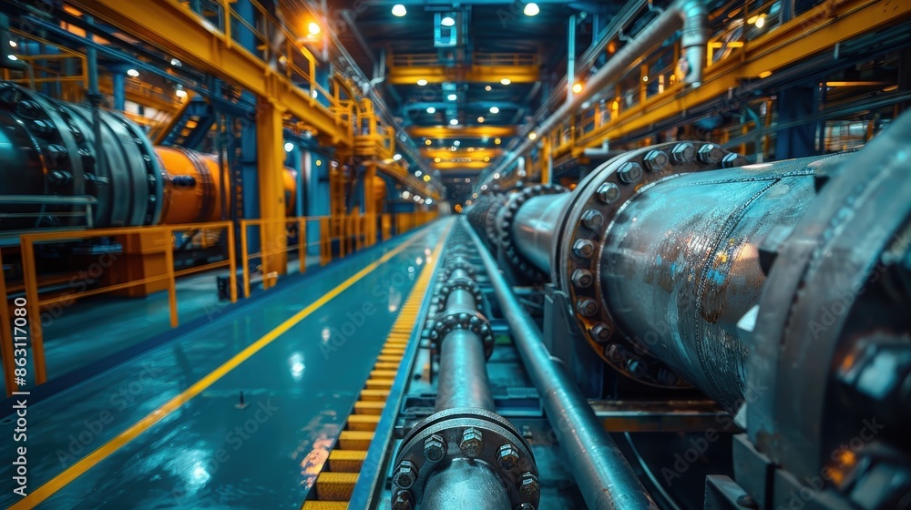 Long metal pipes run through an industrial facility illuminated by ...