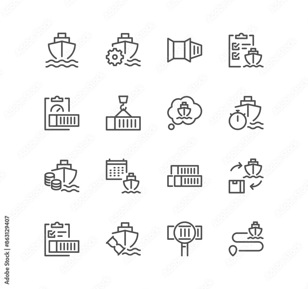 Set of logistics related icons, loading process, container, route, ship ...