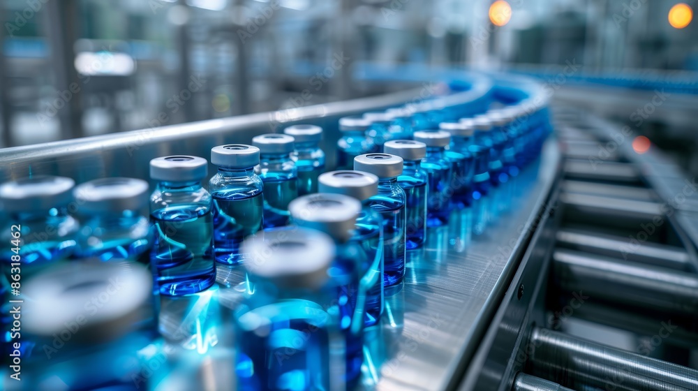 Rows of blue-filled vials in a sterile pharmaceutical plant, conveyor ...
