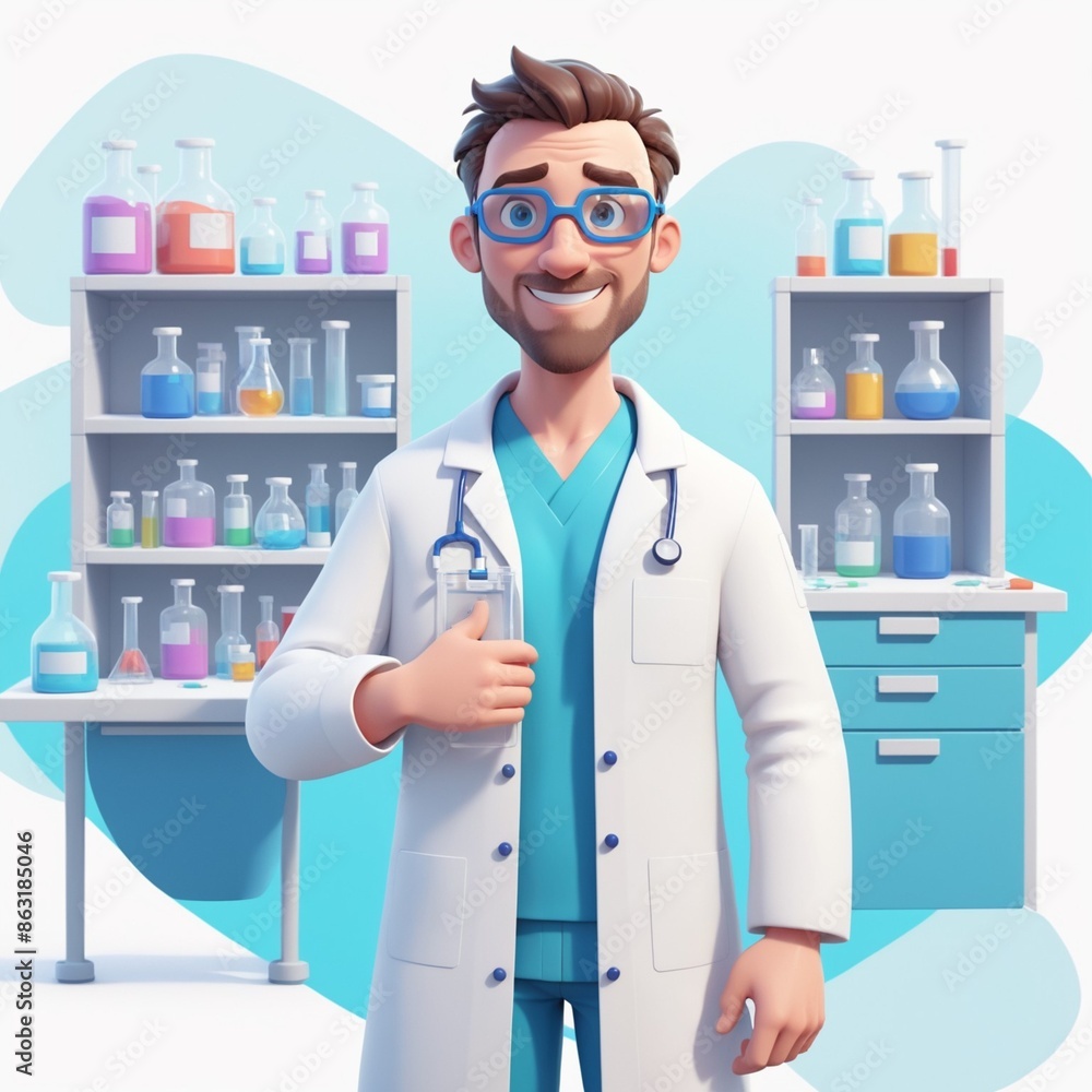Cartoon illustration of a Caucasian male laboratory worker wearing a ...