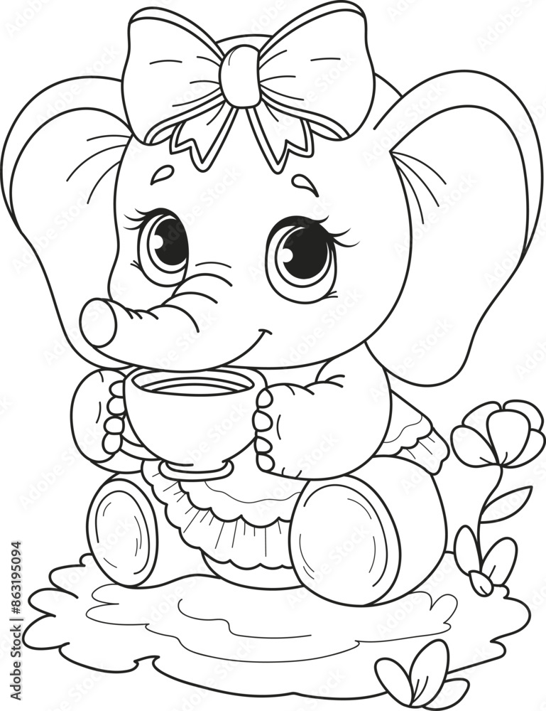 Coloring page outline of the cartoon smiling cute baby elephant drinks ...