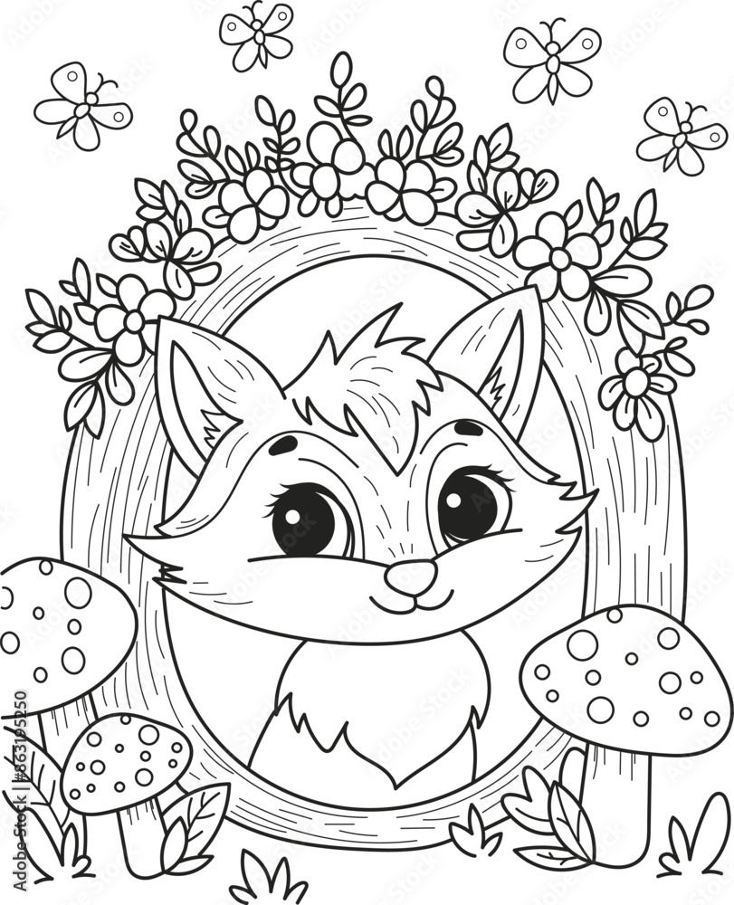 Coloring page outline of the cartoon smiling cute beautiful fox with ...