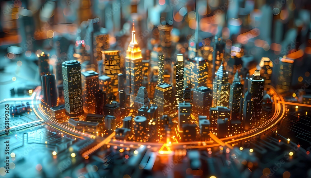 Connected Urban Hubs, Iconic US city landmarks surrounded by digital ...