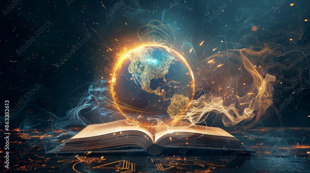 Enlightening the World Futuristic Holographic Globe Emerging from Open ...