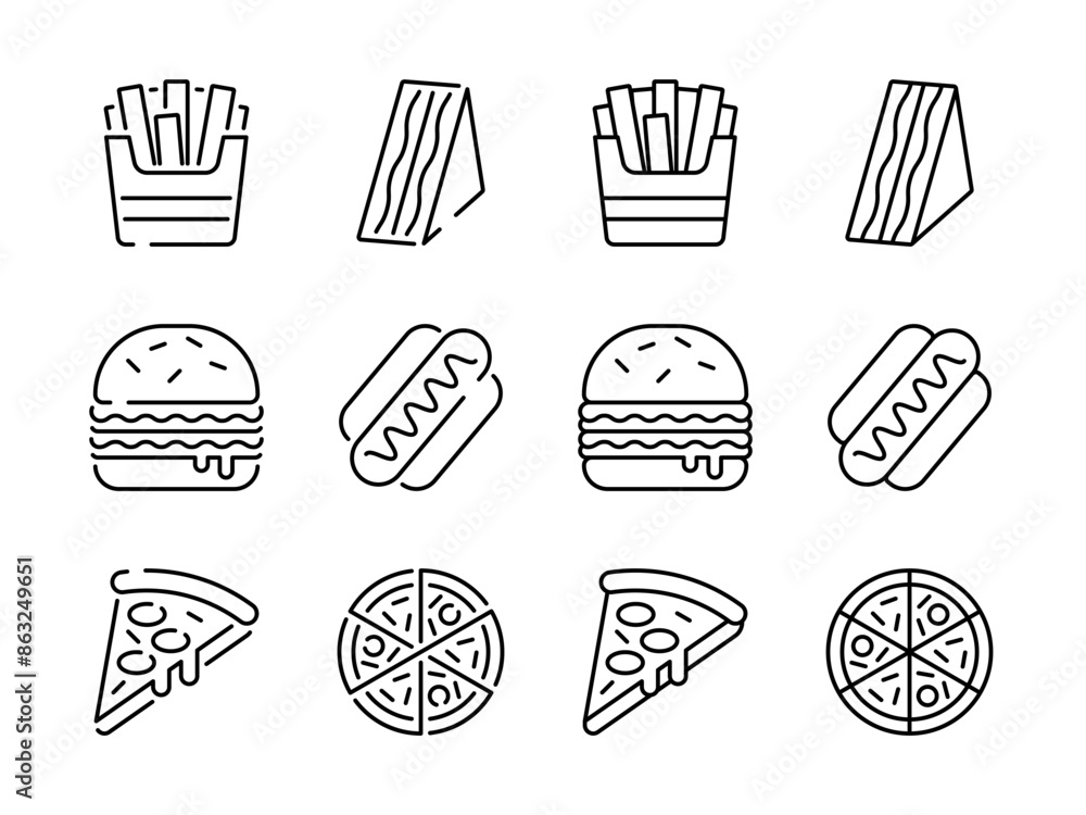 Fast food icon set. Basic flat design snack. French fries, sandwich ...