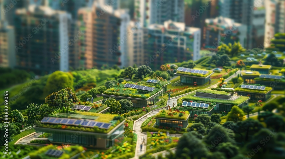 A cityscape with green roofs, solar panels, and pedestrian-friendly ...