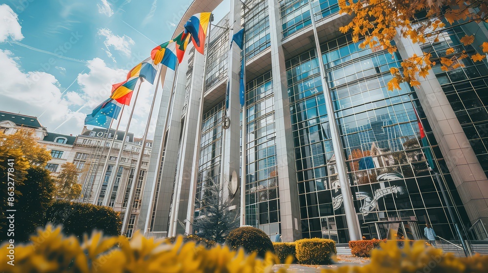 Brus building Parliament European front waving flags EU europa flag ...
