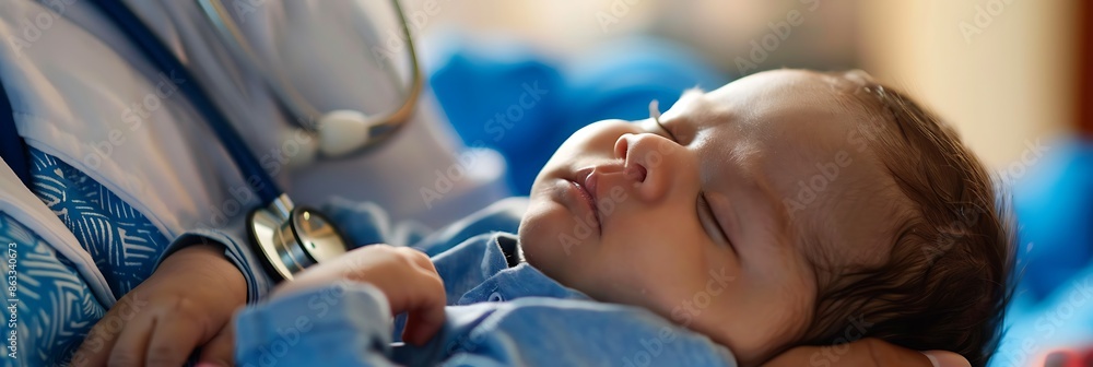 Doctor using a stethoscope to assess heart sounds in a newborn close ...