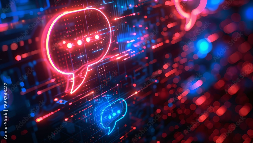 Abstract digital artwork depicting illuminated chat icons among a ...