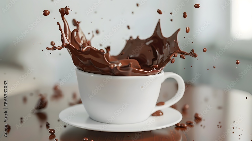 Realistic chocolate splash into white cup, isolated background ...