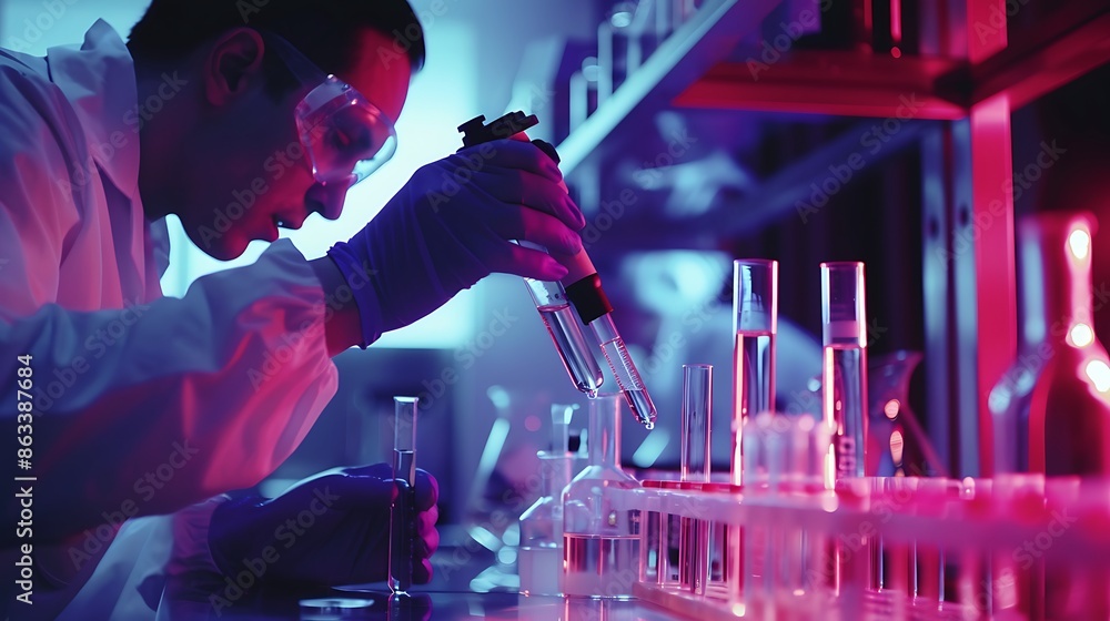 Scientist working with test tubes and equipment in a medical laboratory ...