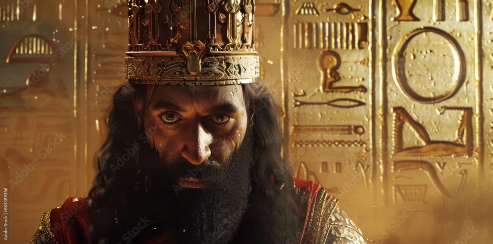 A man with a crown on his head and a beard. Portrait of King Nebuchadnezzar a powerful ruler in ...