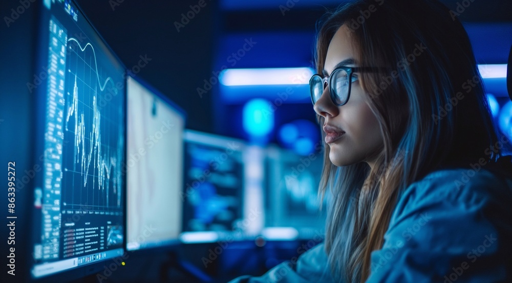female cyber security analyst analysing AI cyberspace threats on ...