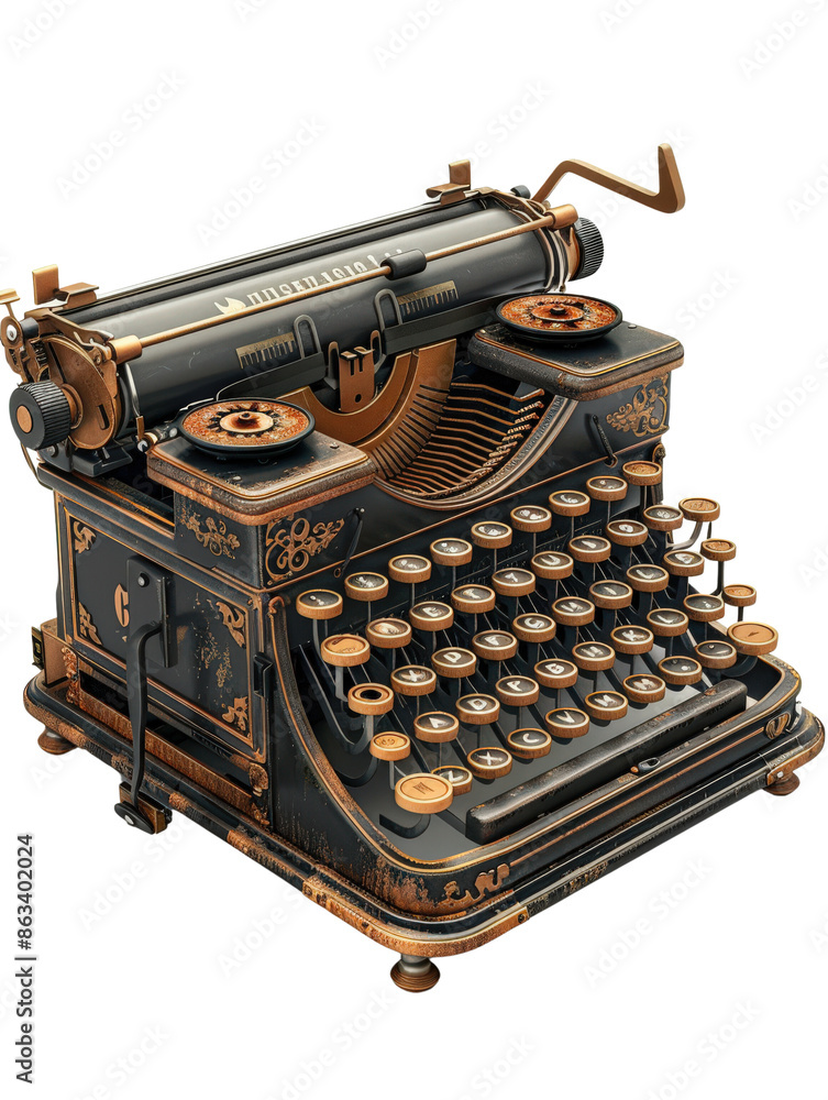 Antique typewriter with brass accents isolated on black background ...