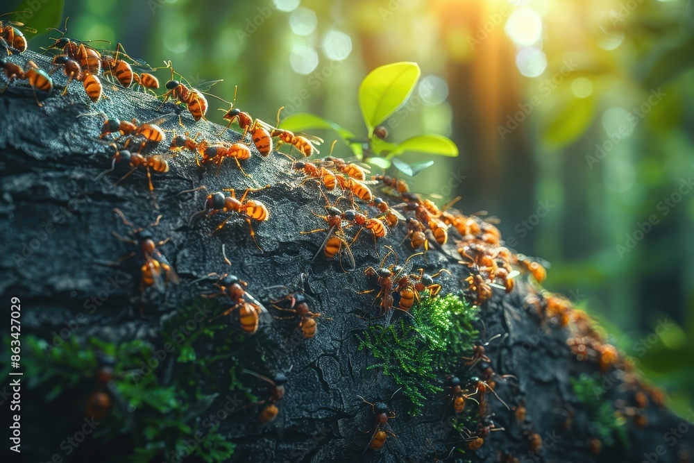 This image depicts a group of ants climbing up a large tree trunk in a ...
