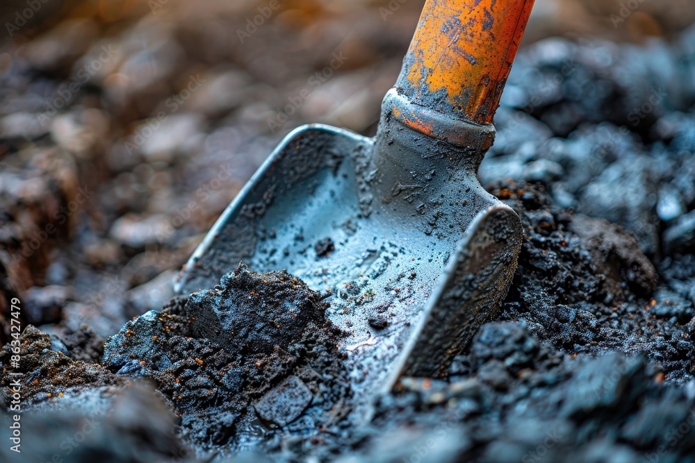 An up-close view of a muddy shovel digging into the soil suggests raw ...