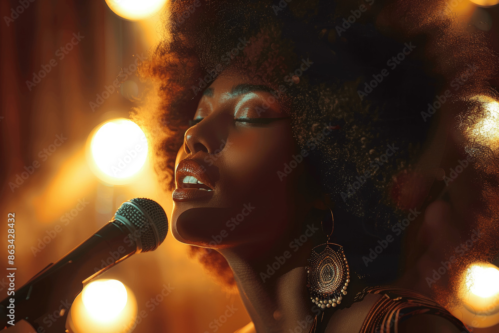 Beautiful African American woman singing on stage with an afro, 60s ...