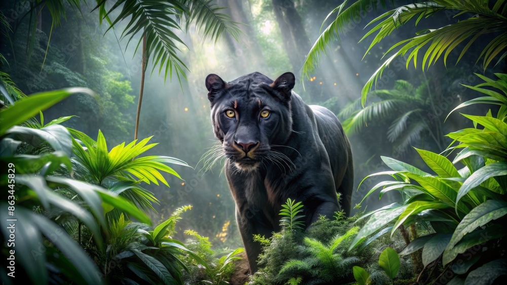 Magnificent black predator with glistening fur blends seamlessly into ...