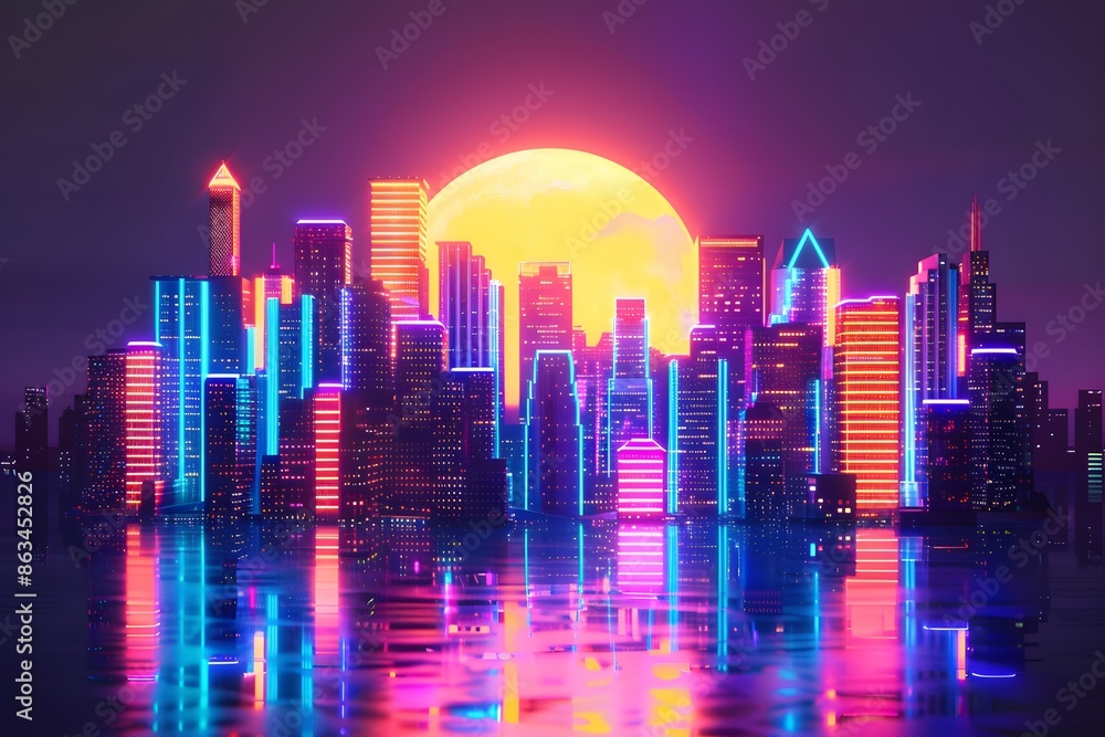 Synthwave cityscape with an LED light sign, glowing in vibrant neon ...