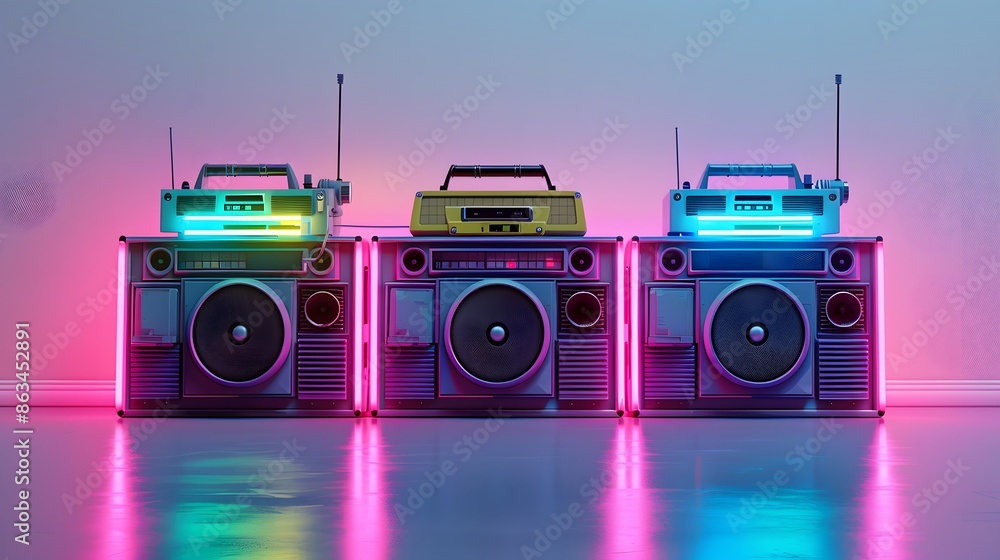 Neon colors with iconic 80s symbols like cassette tapes and boomboxes ...