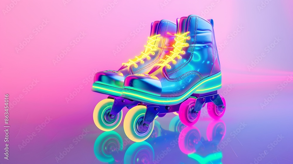 Neon-colored roller skates with 80s design elements., isolated white ...