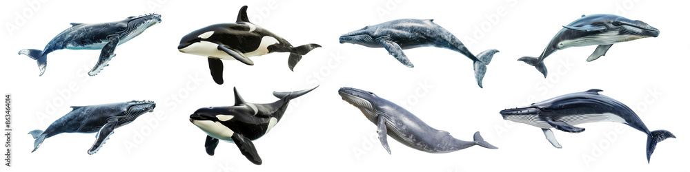 Set of Humpback Whale, Pygmy Blue Whale, Killer Whale, Brydes Whale ...