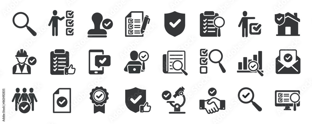 Inspection glyph solid icons collection. Containing survey, polling ...