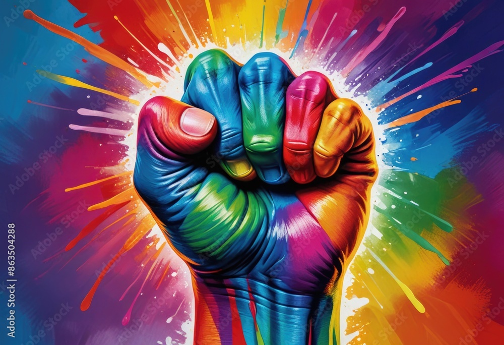 A detailed close-up of a clenched fist, with the colors of the rainbow ...
