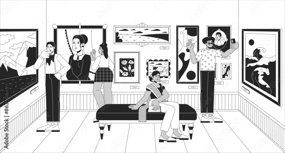 Art gallery visitors black and white line illustration. Multinational ...