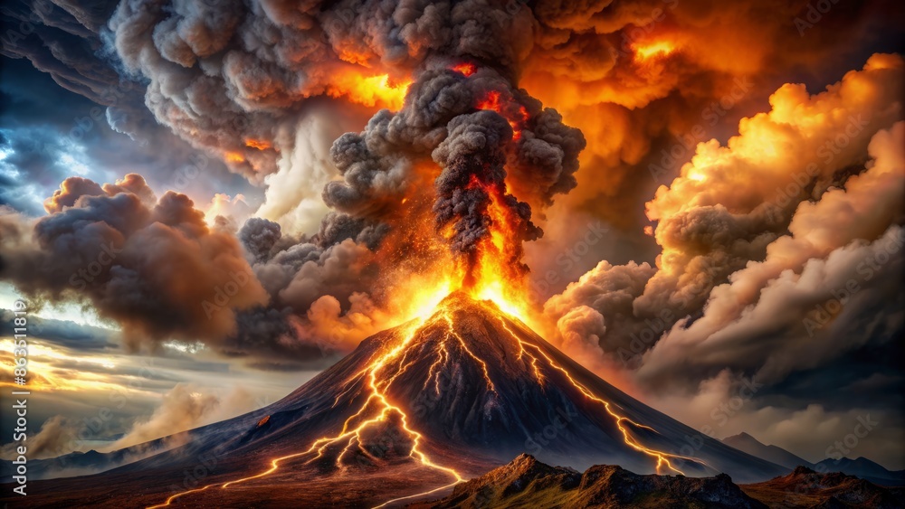 Erupting volcano spews forth molten lava and flames, surrounded by dark ...
