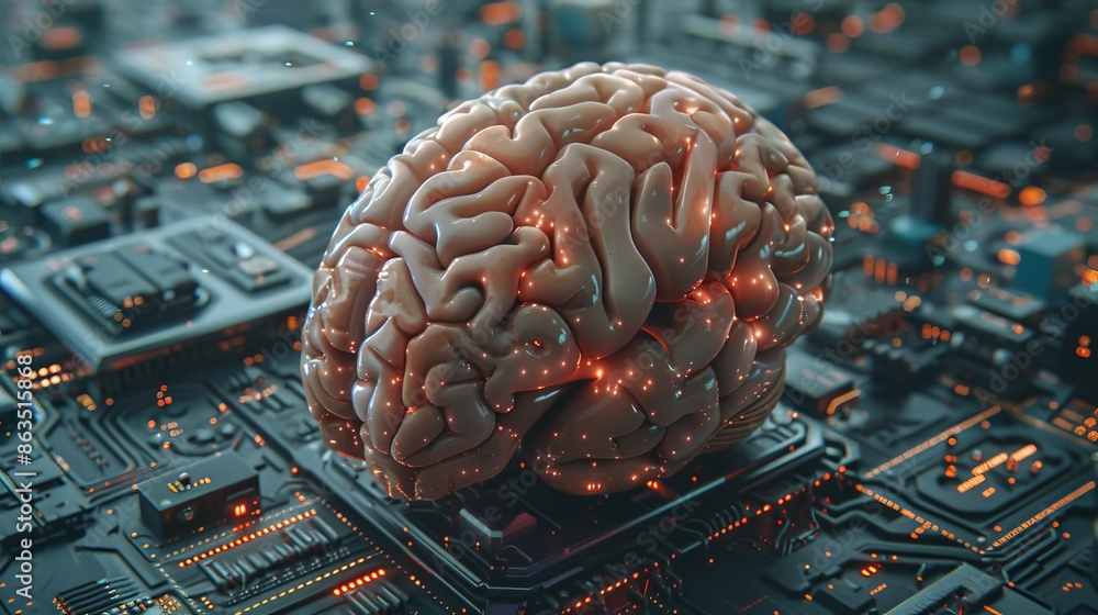 Realistic human brain connected to a computer, visualizing the process ...