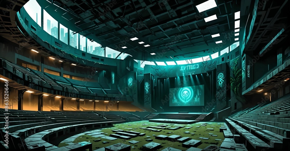 stage in abandoned auditorium building stadium. amphitheater theatre ...